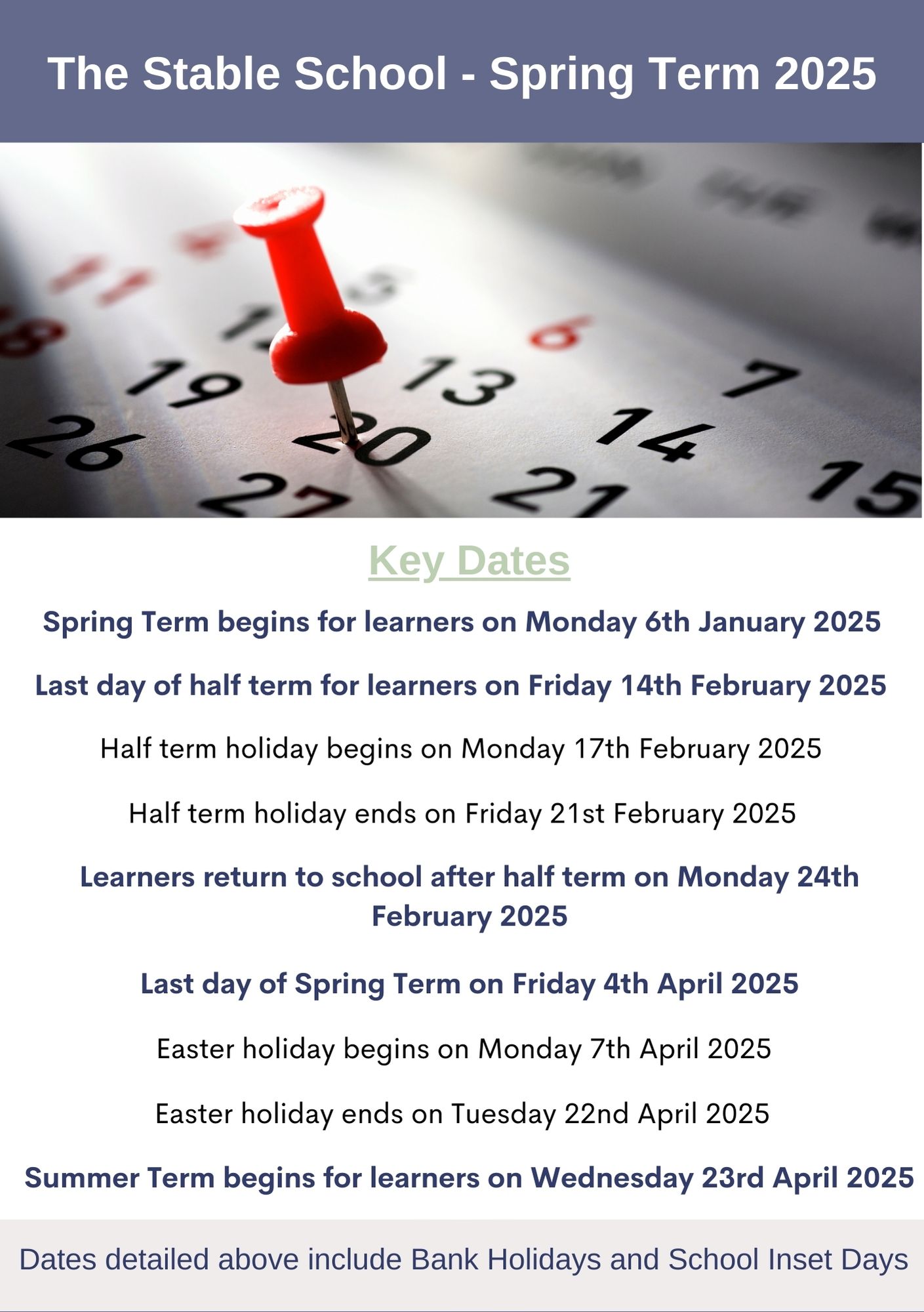 The School Day and Term Dates - The Stable School